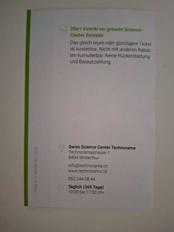 2 für 1 Ticket Technorama Winterthur, gültig bis 30.11.26 (Neu (gemäss ...