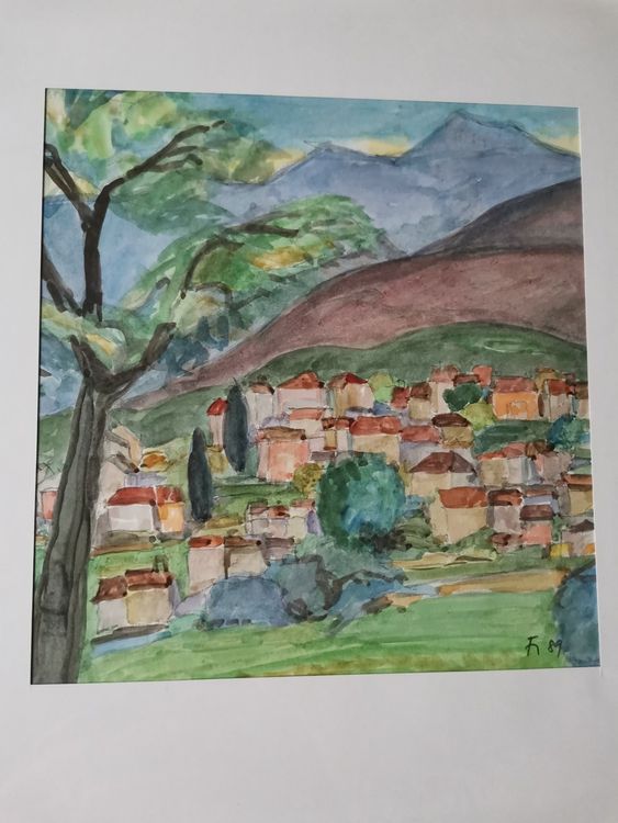 Aquarell, Schweizer Dorf mit Bergen, 1989, gerahmt | Kaufen auf Ricardo