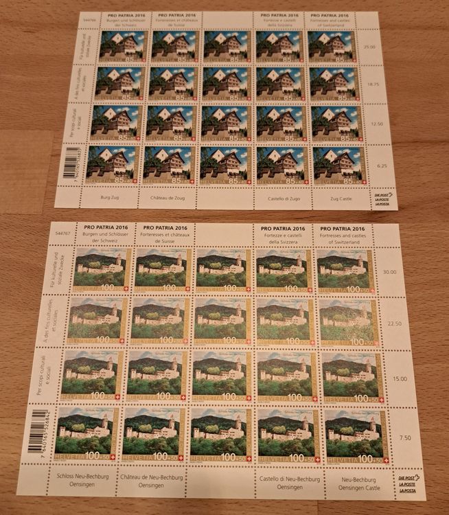 Kleinbogen Pro Patria, 2016 postfrisch (Neu und originalverpackt) in Unterägeri für CHF 48.5 ...