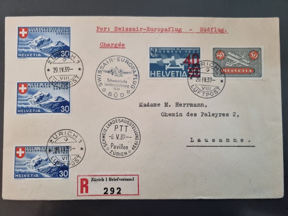 1939 : Swissair Europaflug Süd - Mehrfärber Frankatur (Gebraucht) in Gümligen für CHF 3 – mit ...