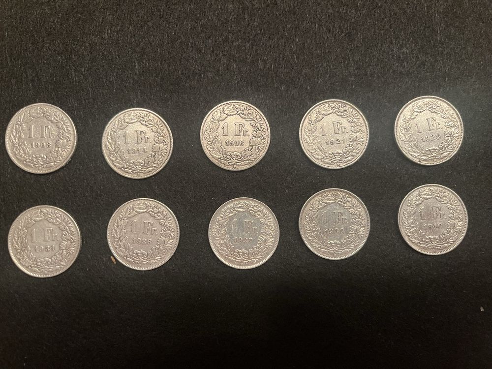 10 silberne 1 Fr.verschiedene Jahre 1908 bis1940 (Gebraucht) in Rikon ...