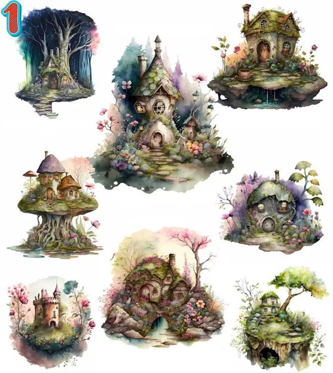 Vintage Aufkleber - Elf Baumhaus Pilzhaus Pilze (4 Muster) (Neu und ...