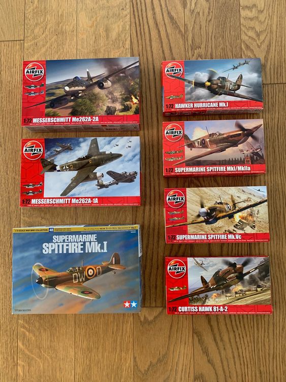 7 Airfix+Tamiya Kits 1:72: Me262, Spitfire, Hurricane, Hawk (Gebraucht ...