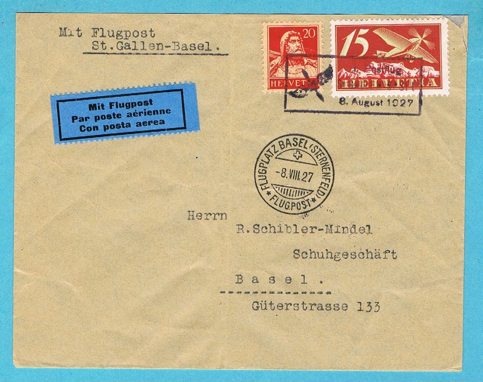 Flugpost St.Gallen-Basel 8.VIII.27 mit F3 und Tellbrust ! | Kaufen auf Ricardo