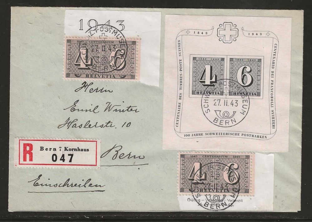 1943 : Block W14 auf R-Brief Schweizer Postmuseum (Gebraucht) in Gümligen für CHF 5 – mit ...