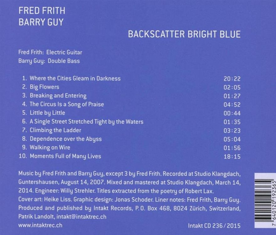 Fred Frith – Barry Guy –Backscatter Bright Blue CD D7 INTAKT (Gebraucht ...