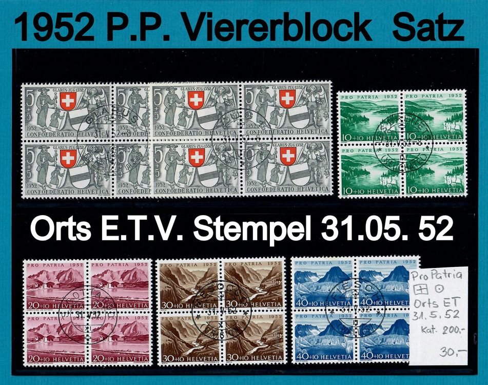1952 Pro Patria Viererblock Orts. E.T.V. Stempel Kat.200.- | Kaufen auf Ricardo