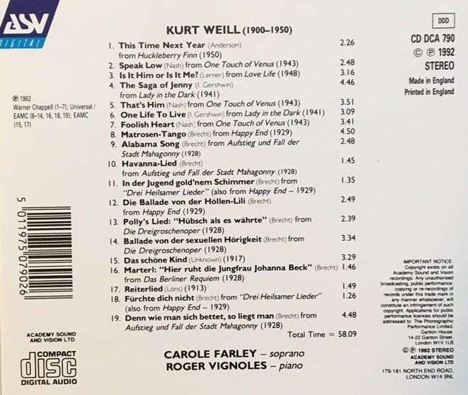 Kurt Weill - Songs (Carole Farley) (Gebraucht) in Grüningen für CHF 4 ...