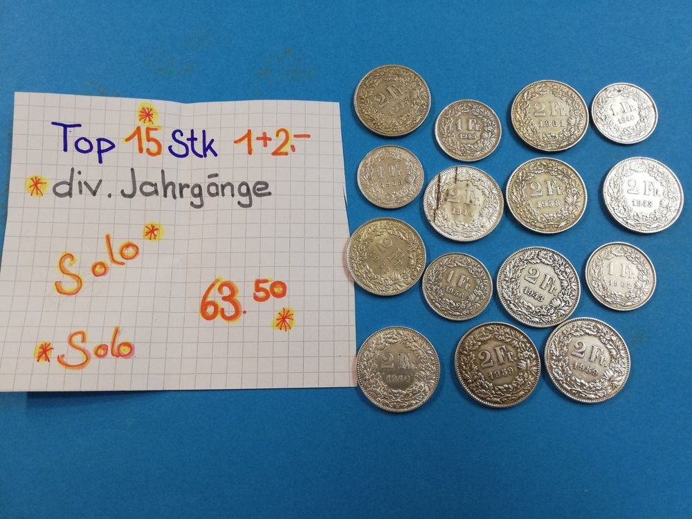 Schweizer Silbermünzen 15 Stk. 1Fr. +2Fr. div Jahrgänge!! | Kaufen auf Ricardo