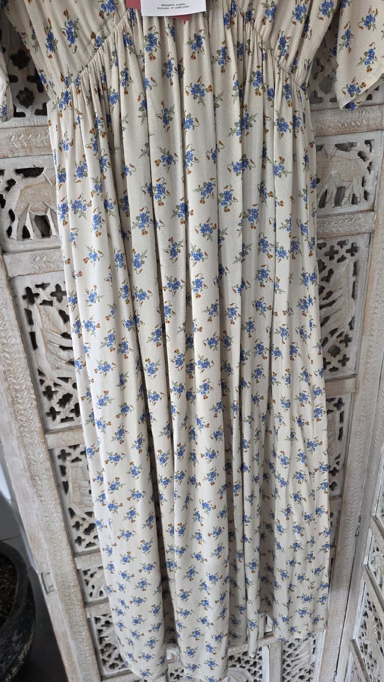 Robe longue Emile & Ida été vintage 34 beige fleurs bleues (Neuf avec ...