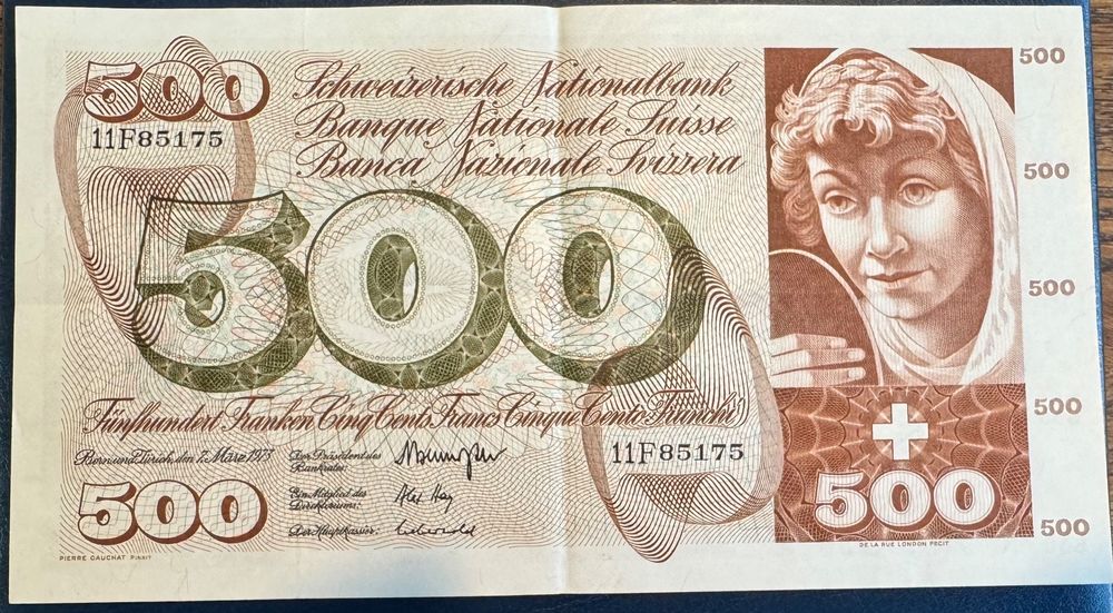 500 Franken Note Schweiz, Jahrgang 1973, Nr. 11F85175 (Gebraucht) in ...