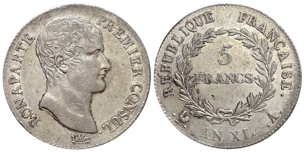 b- Frankreich, Napoleon, 5 Francs AN XI (1803) Paris (Usato) a Chiasso ...