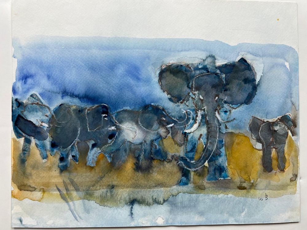 Elefantenherde Aquarell von Walter Bachmann | Kaufen auf Ricardo