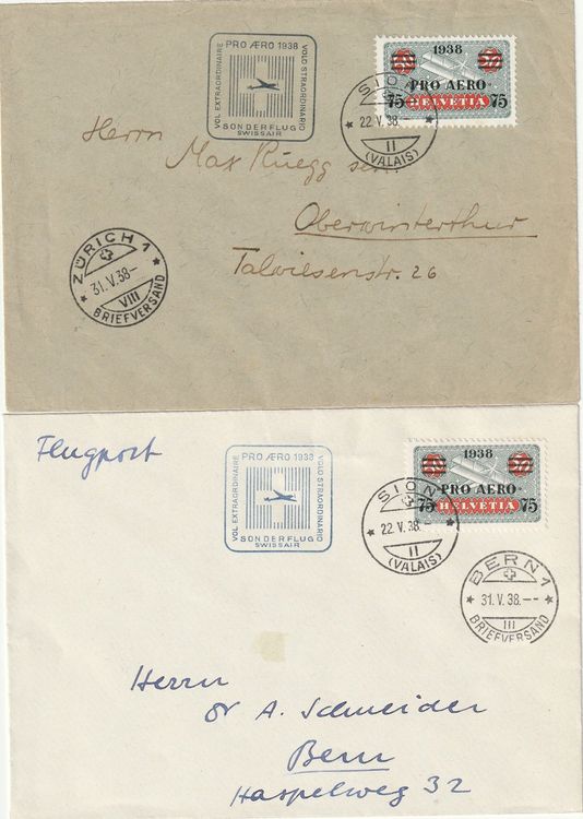 2 x Pro Aero Sonderpostflug 1938 ab Sion, nach ZH und Bern (Gebraucht) in Turgi für CHF 5 – mit ...