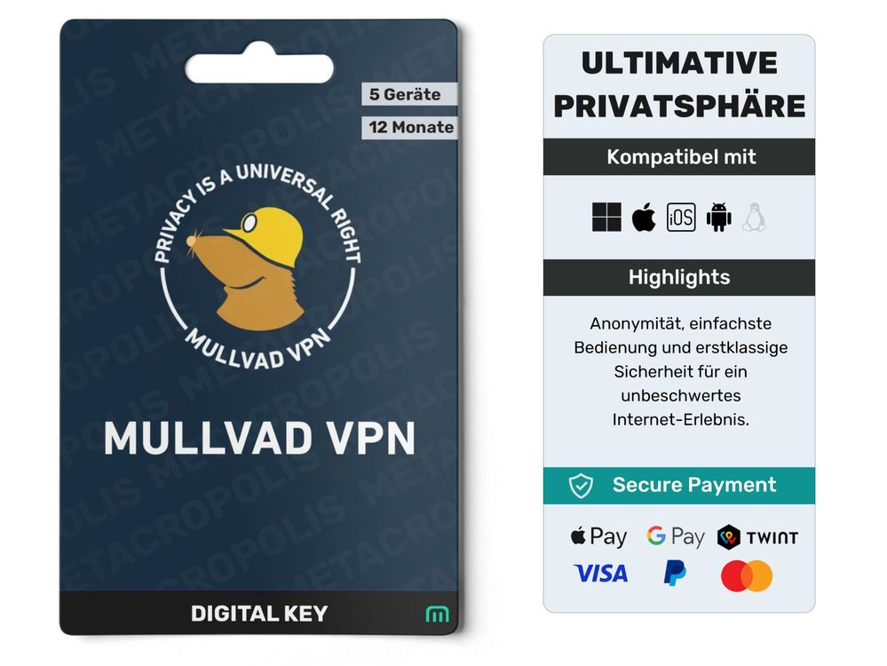 Mullvad VPN - 5 Geräte - 1 Jahr - Win/Mac/iOS/Android (Neu und ...