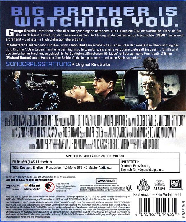 1984 (1984) Michael Radford/Richard Burton/John Hurt/Blu-ray (Neu (gemäss Beschreibung)) in ...