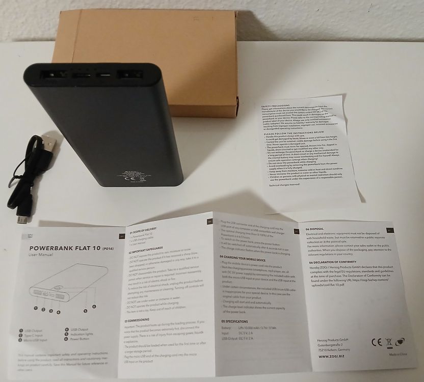Powerbank Flat 10 mit Kabel und Bedienungsanleitung (Neu und ...