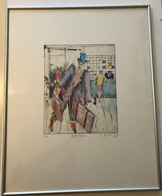 Farblithographie "Koffermann", Sing. unlesbar, gerahmt. | Kaufen auf Ricardo