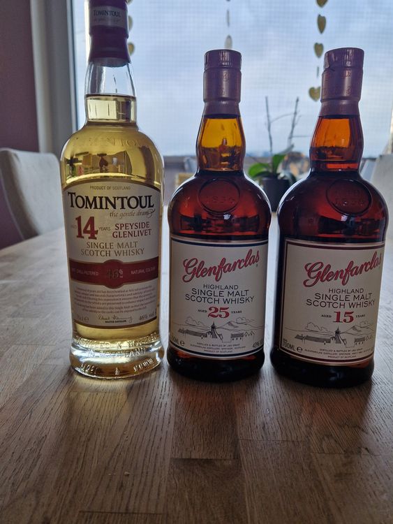 Tomintoul 14 years, Glenf. 25years, Glenf. 15 years (Neu und ...