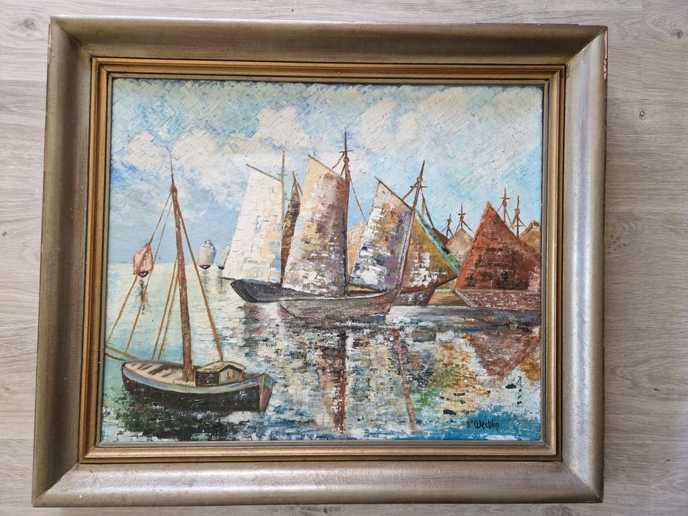 Gemälde Hafen Schiffe L. Wechlin Fischer Ölgemälde Meer See | Kaufen auf Ricardo