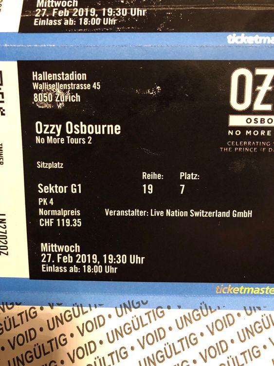 Original Ozzy Osbourne Tickets für Hallenstadion 2023 Tour (Gebraucht ...