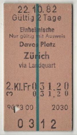 Eisenbahn Billett Davos - Zürich RHB SBB 0312 Einheimisch (Gebraucht) in Luzern für CHF 1 – mit ...