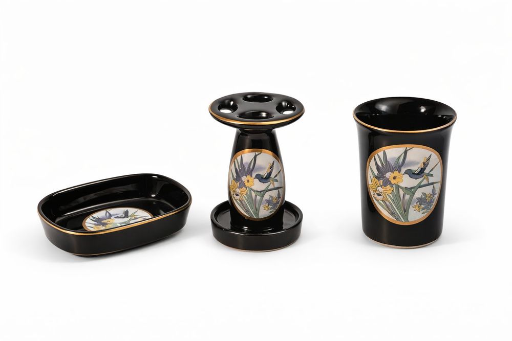 Vintage Black Porcelain Vanity Set – Floral & Bird Design, O (Gebraucht ...