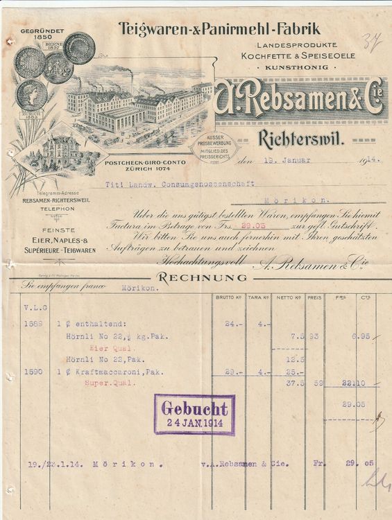 Litho Firmen Briefkopf von A: Rebsamen Richterswil 1914 | Kaufen auf Ricardo
