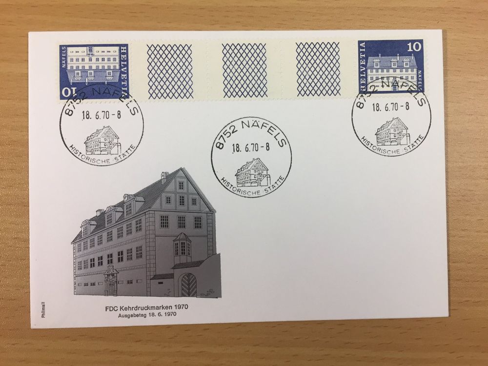 1970 FDC 10 Rp Kehrdruck mit Zwischensteg, illustriert (Gebraucht) in Wollerau für CHF 1 – mit ...