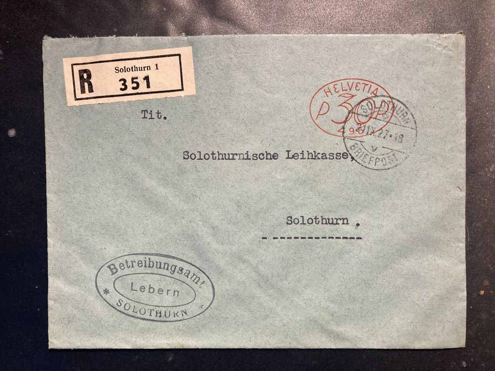 Schweiz 1927 30 Porto-Stempel 495 R-Brief Solothurn Lebern (Gebraucht) in Liestal für CHF 2 ...