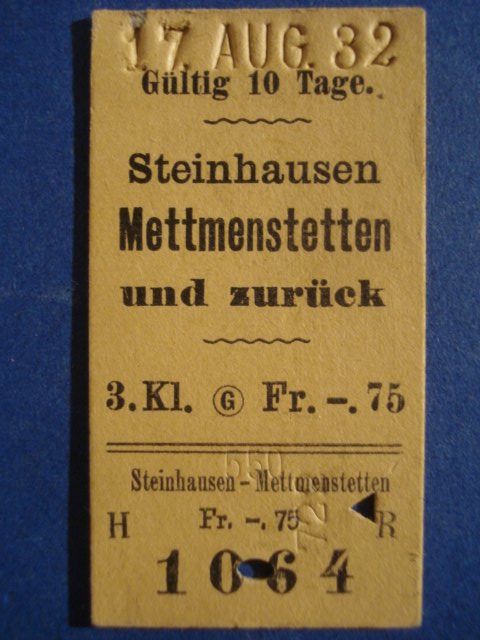 SBB - 17.8.1932 - STEINHAUSEN - METTMENSTETTEN - 3.Klasse (Gebraucht) in Biel/Bienne für CHF 56 ...