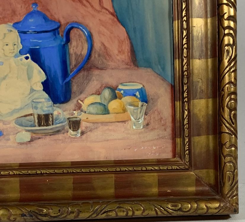 Stilleben Aquarell Blau Kanne unleserlich Signiert | Kaufen auf Ricardo