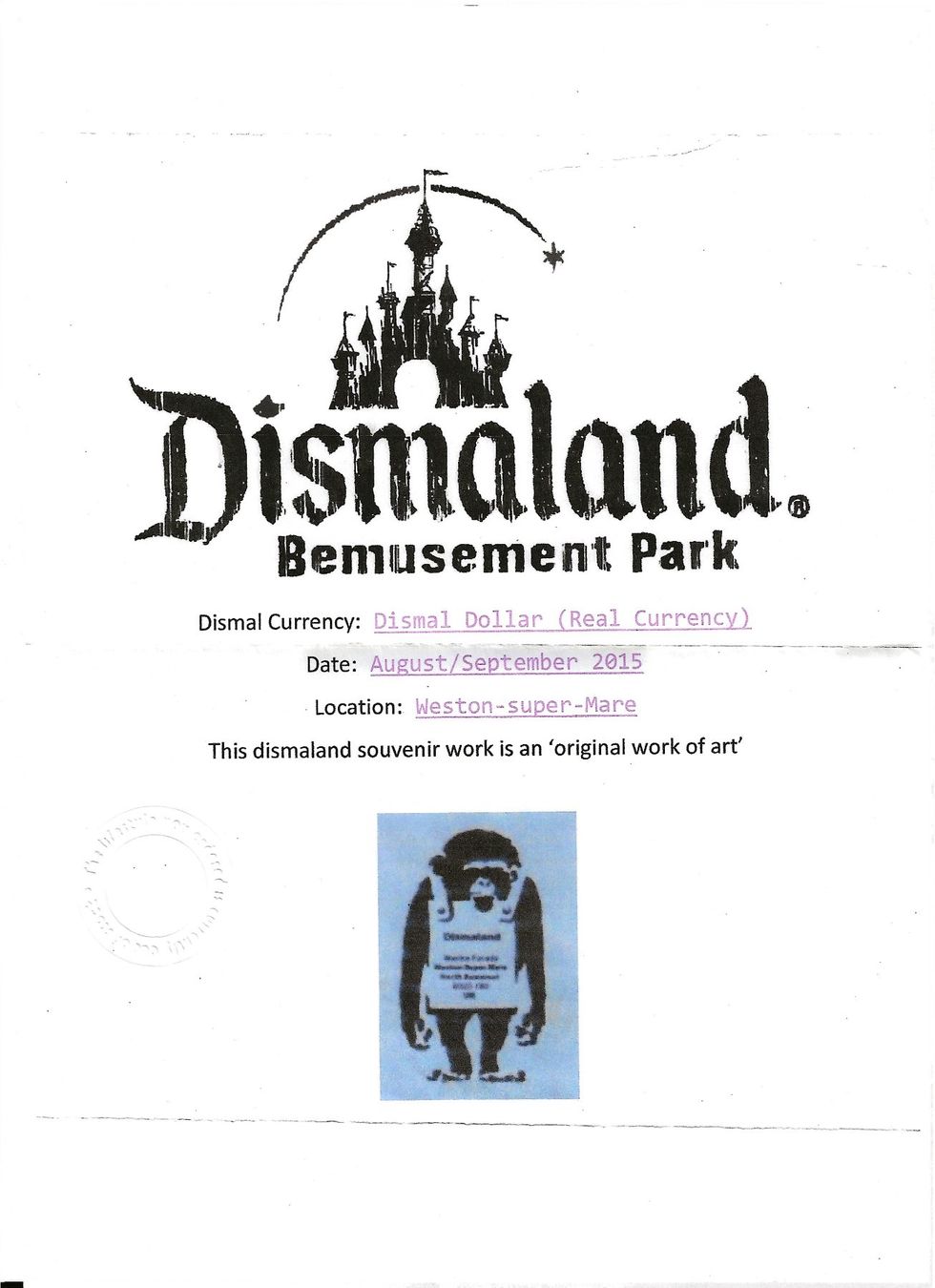 BANSKY Lot signed Tenner Lady Di Dismaland Theme Park WSM 15 (Gebraucht ...