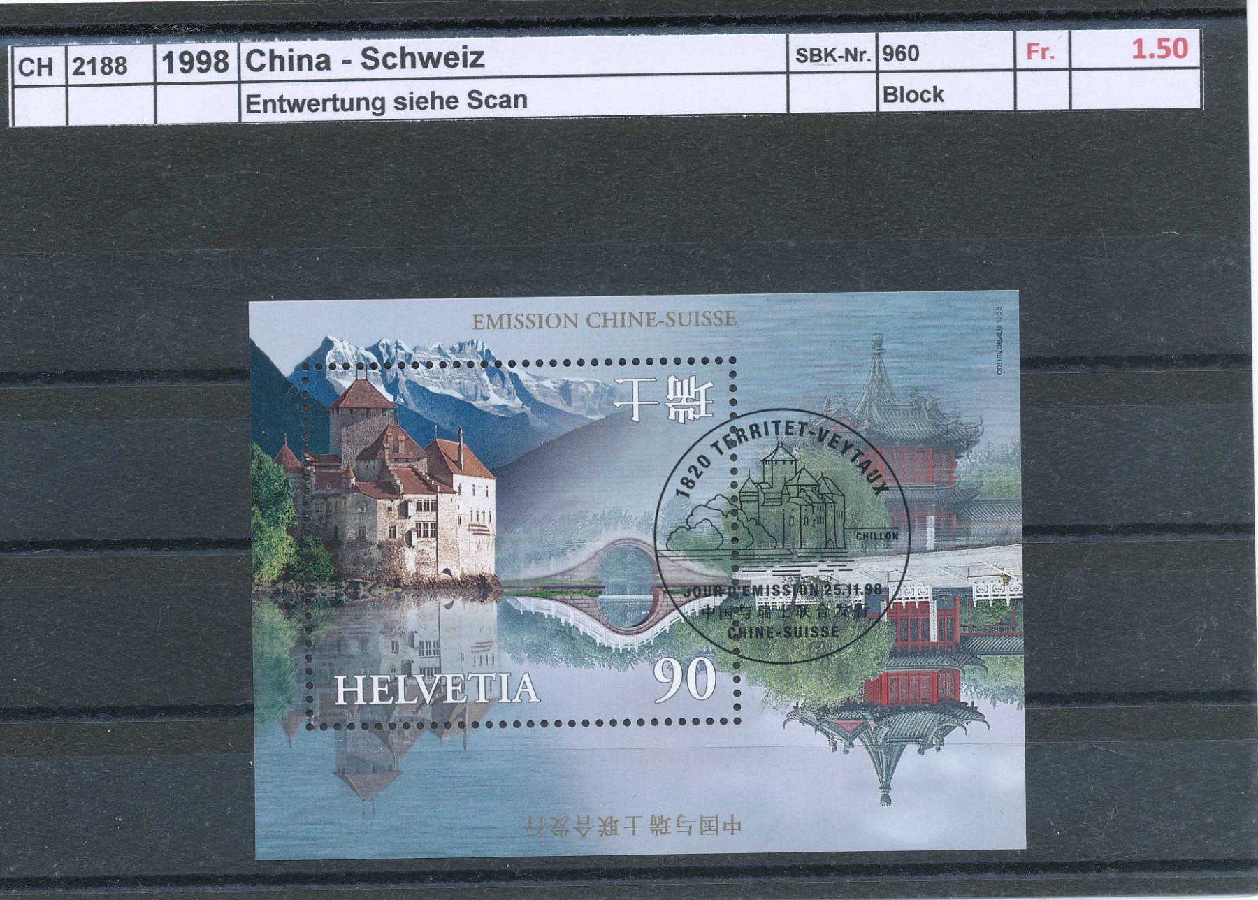1998 "Gemeinschaft Schweiz / China" - Block, ET - gestempelt (Gebraucht) in Winterthur für CHF 1 ...