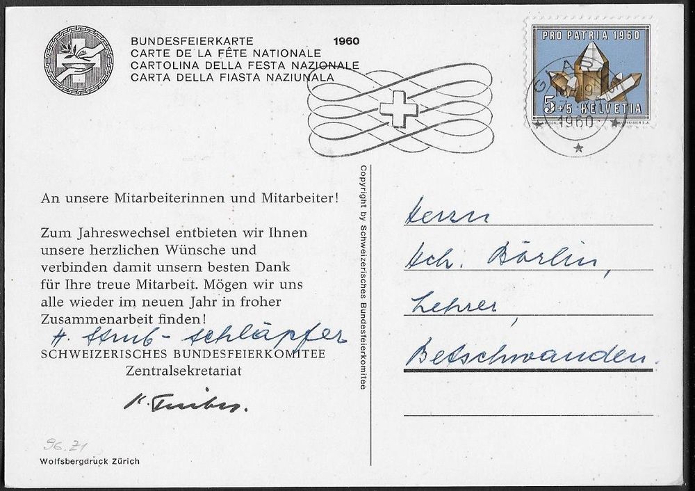 1960 BF-Karte Nr. 96 Z1 ZUDRUCK o Glarus SBK 250.-+ ab 1.- (Gebraucht) in Zürich für CHF 89 ...