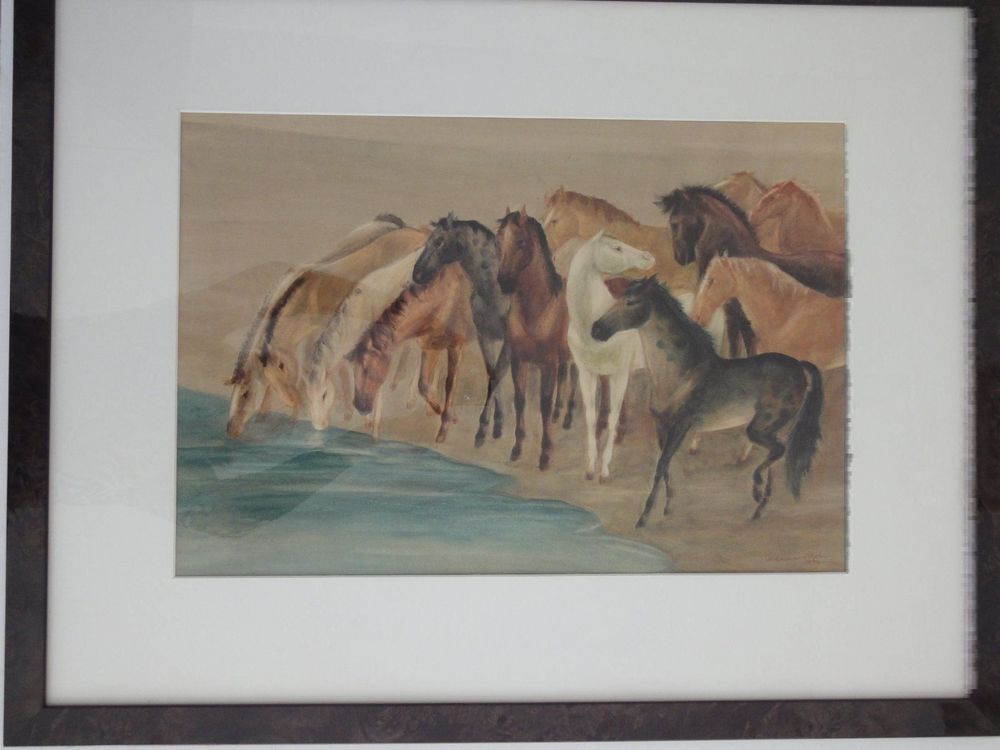 Lamers Waltraud A. 1908-1992 "Pferde am Wasser"- Aquarell (Neu (gemäss ...