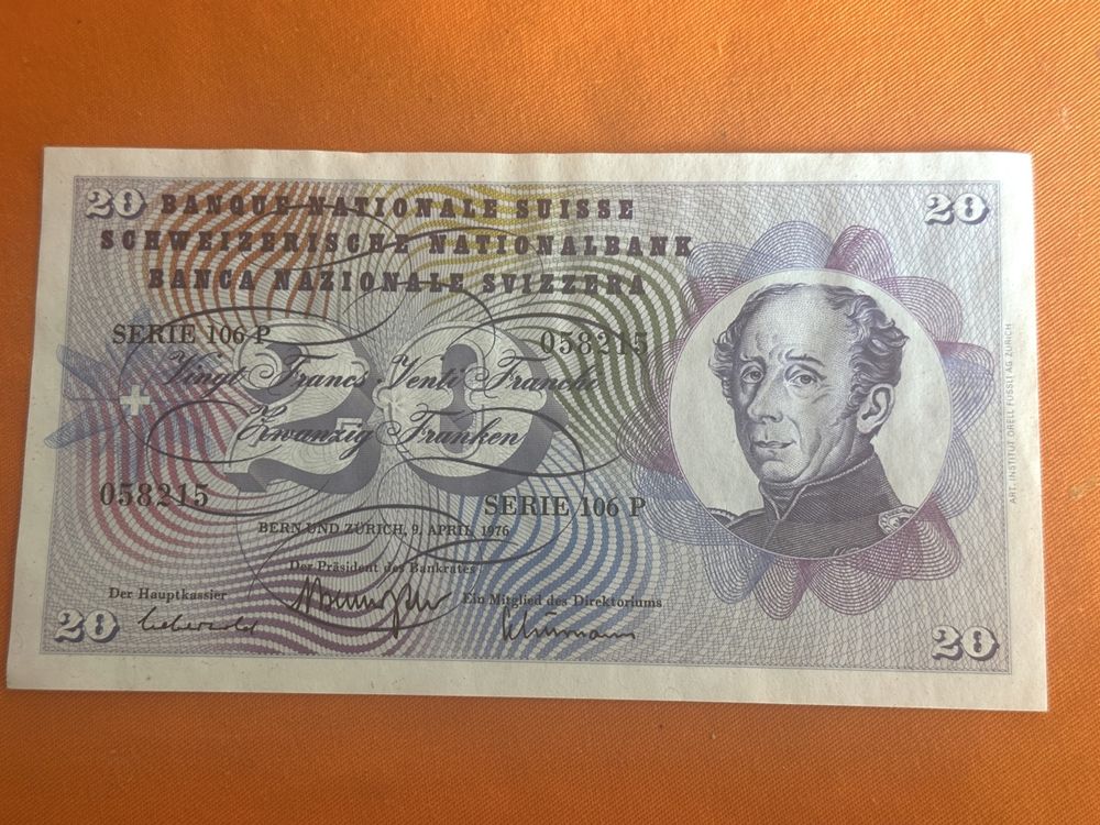 Schweizer Banknote Zwanzig (20) Franken Note, Jahr 1976 (Gebraucht) in ...