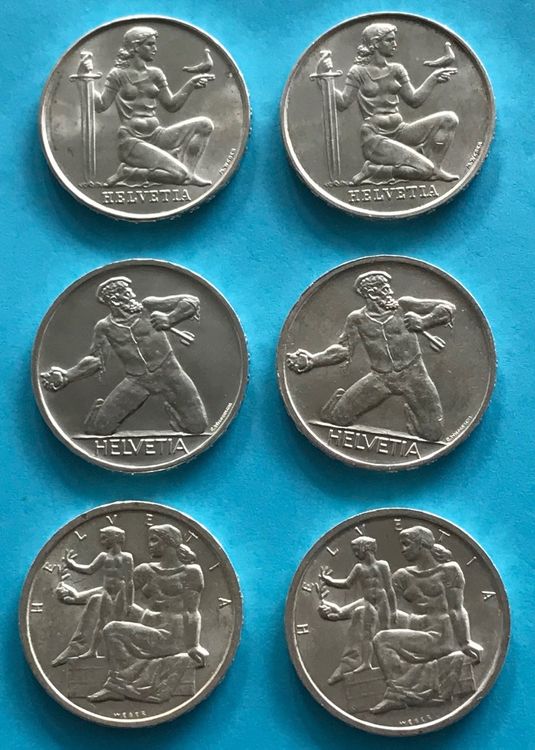 6 schöne Schweizer Silber 5 Franken-Gedenkmünzen 1936 - 1948 (Gebraucht) in Zuerich für CHF 76 ...