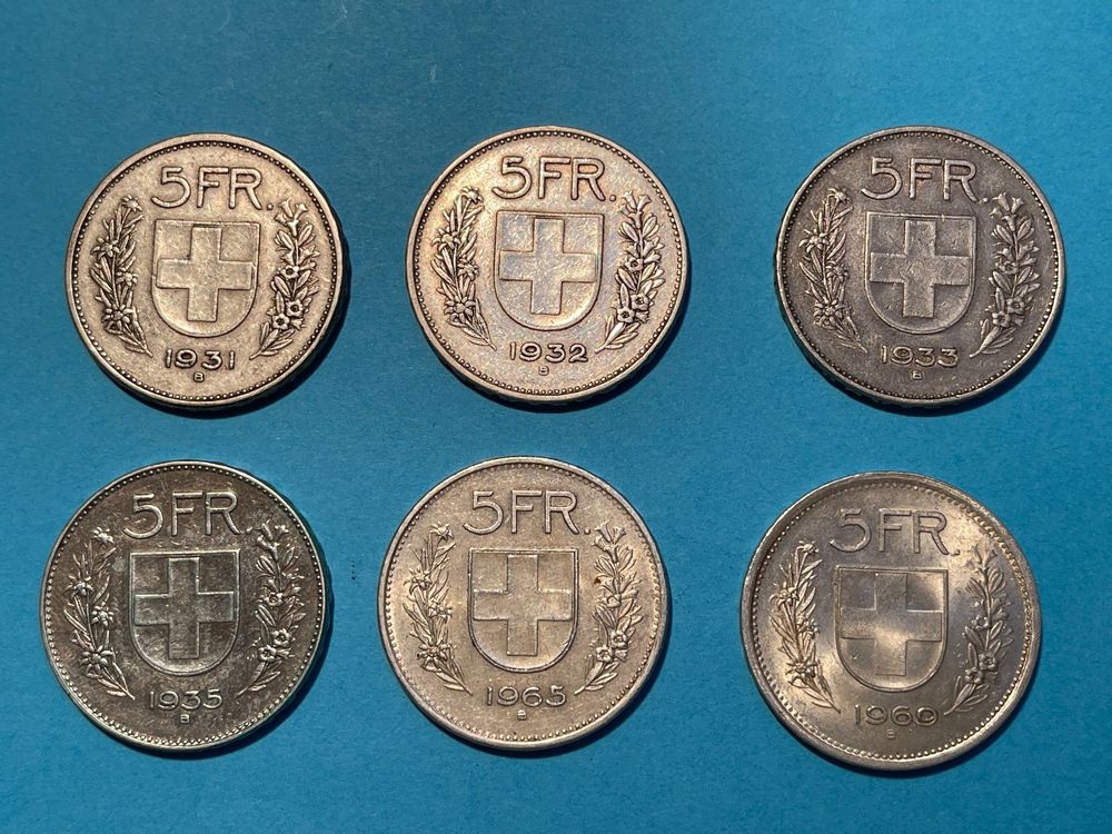 6 Stück Silbermünzen 5 Fr. diverse Jahrgänge (Fünfliber) (Gebraucht) in Buonas für CHF 50 – mit ...