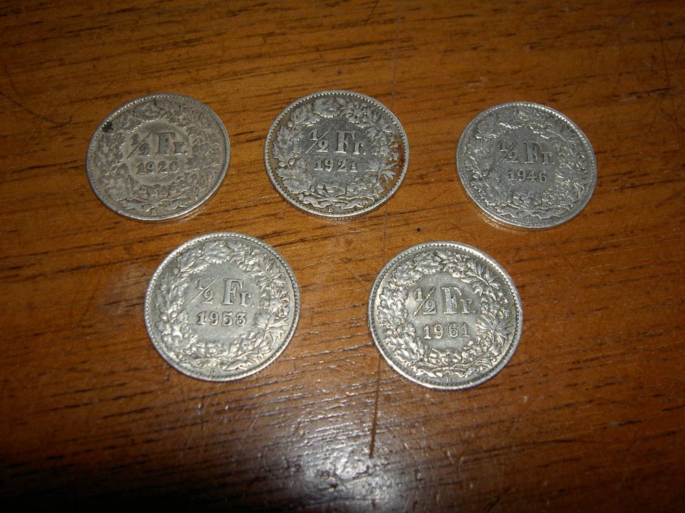 5 x 50 Rp. SILBER von 1920-1921-1946-1953-1961 (Gebraucht) in Schafisheim für CHF 7 – mit ...