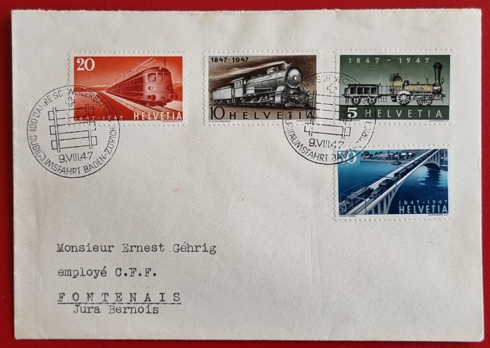 100 J. BAHNEN SOSTP BADEN ZÜRICH 277-280 FONTENAIS JURA 1947 | Kaufen auf Ricardo