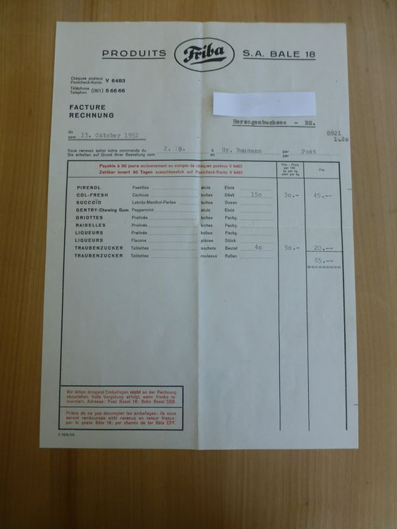 Basel, Friba SA Pralines, 1952 (Gebraucht) in Bettlach für CHF 1 – mit ...
