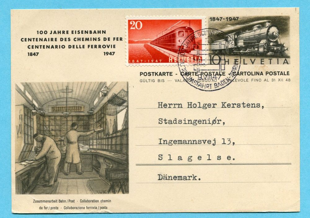 Postkarte 1947 - 100 Jahre Eisenbahn nach Slagelse Dänemark (Gebraucht) in Opfikon für CHF 9 ...