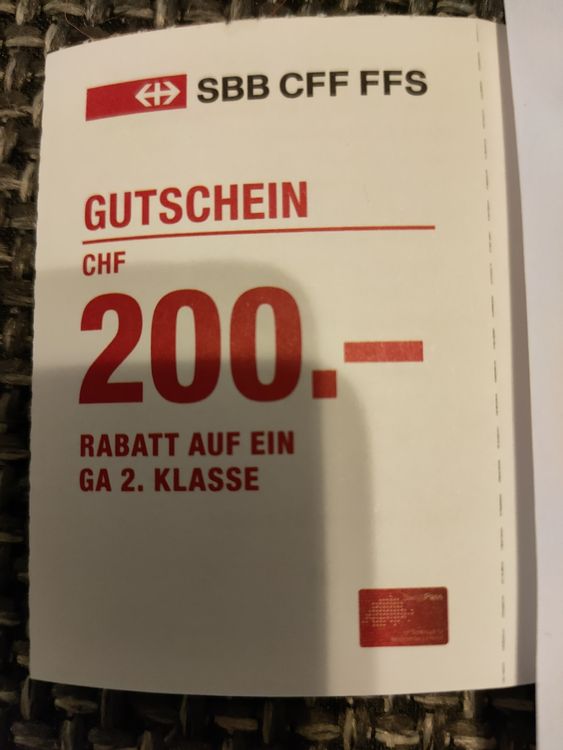 SBB GA Gutschein 2. Klasse für Neukunden. 200 CHF Rabatt (Neu und originalverpackt) in Olten für ...