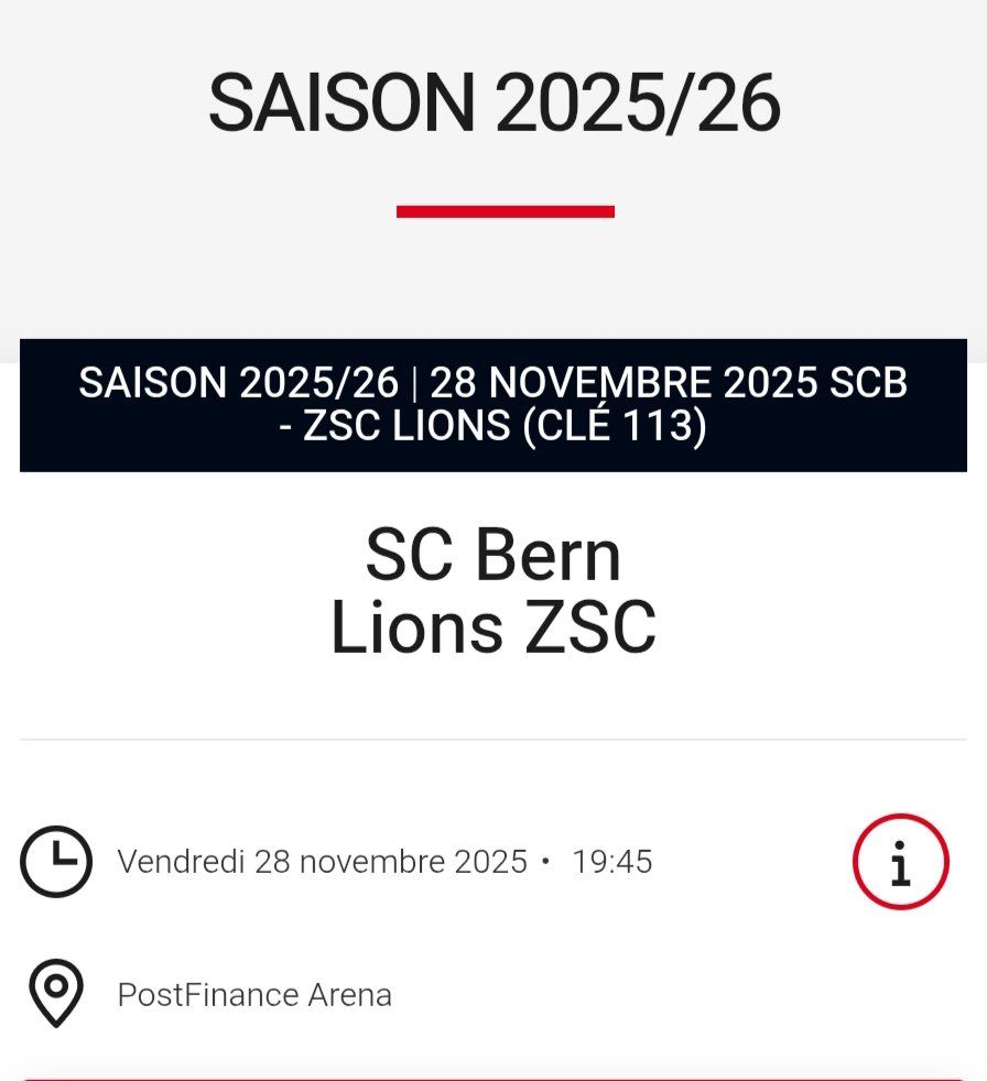 SCB Tickets 2X Sitzplatz SC Bern- ZSC Lions / 28.11.2025 (D'occasion) à Avry-sur-Matran pour CHF ...