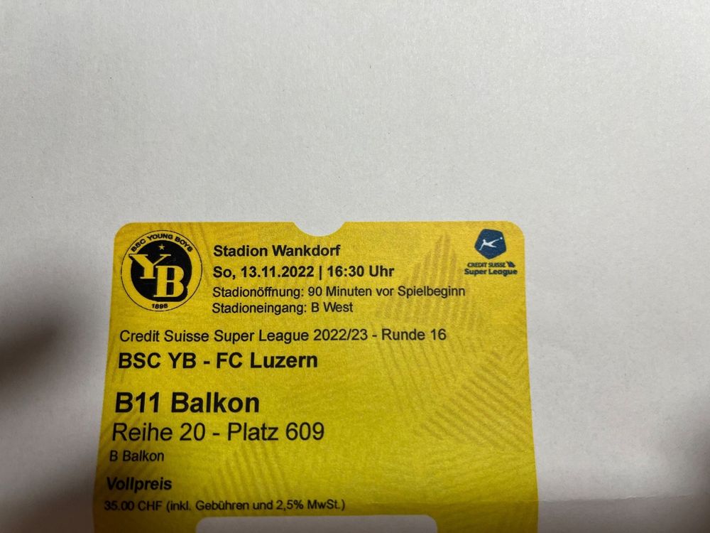 Ticket YB vs Luzern Sonntag 13. November 2022 (Neu und originalverpackt ...