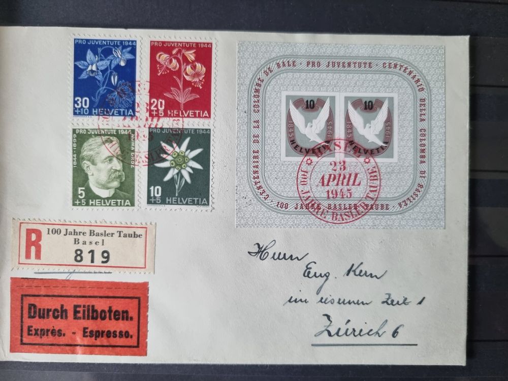 1945 : Basler Taube Block auf R-Brief mit PJ Serie | Kaufen auf Ricardo