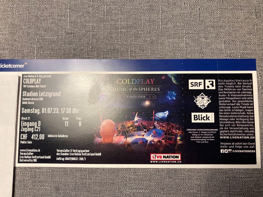 1 billet VIP concert Coldplay 01.07.23 à ZH | Kaufen auf Ricardo