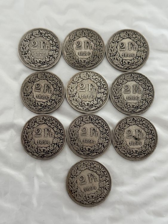 10 x Uralte 2 Franken Silbermünzen 1878 - 1894 (Gebraucht) in ...