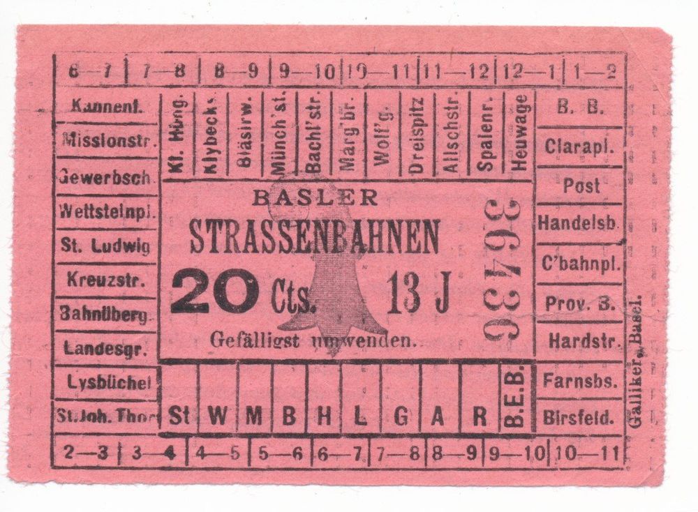 Eisenbahn Bahn Tram Billett Basel BStB 20 Ct. um 1905 | Acheter sur Ricardo